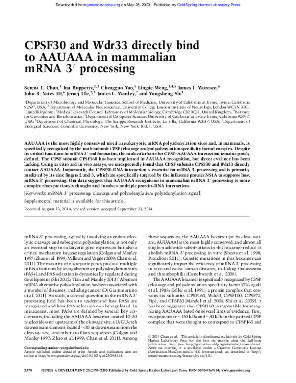 (PDF) CPSF30 and Wdr33 directly bind to AAUAAA in mammalian mRNA 3 ...