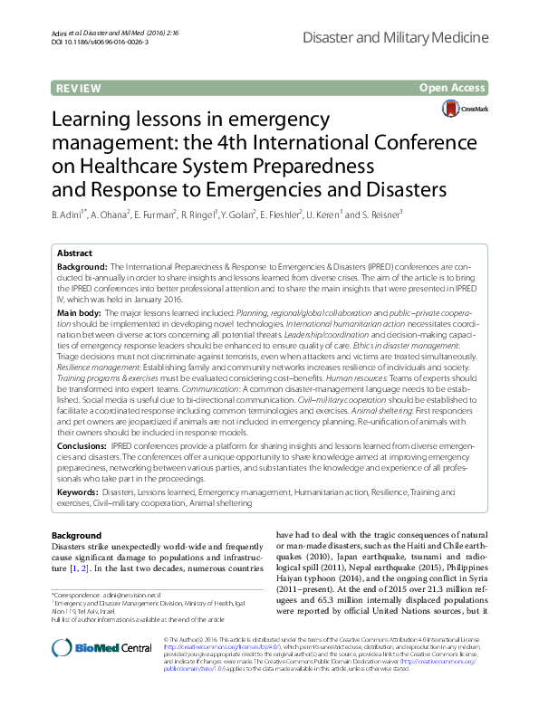 (PDF) Learning lessons in emergency management: the 4th International ...