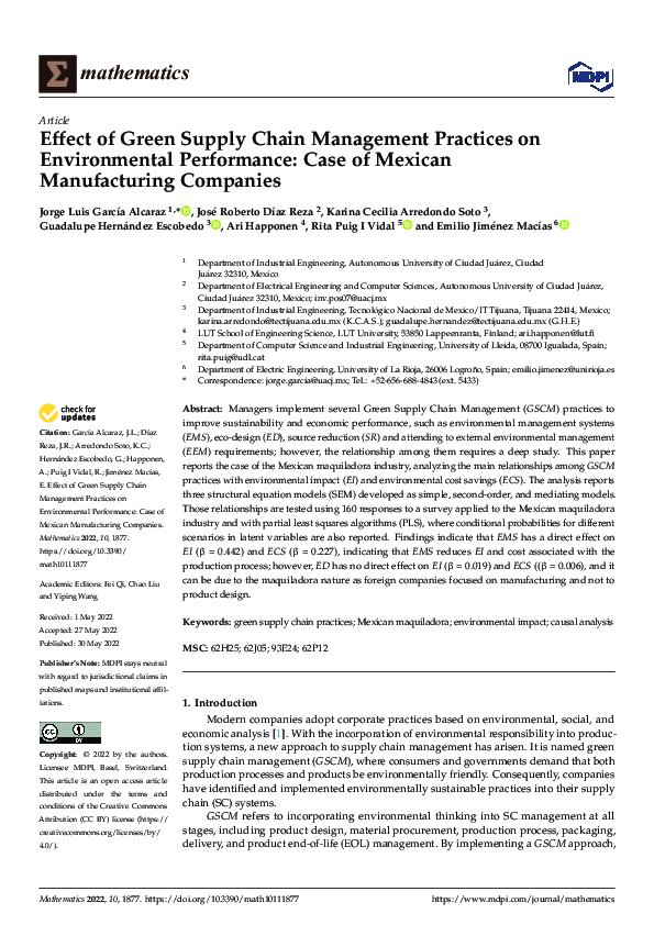 (PDF) Effect of Green Supply Chain Management Practices on Environmental Performance: Case of ...