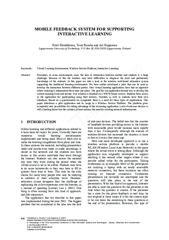 (PDF) Mobile Feedback System for Supporting Interactive Learning