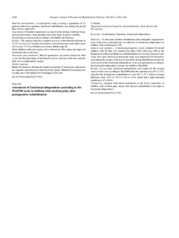 (PDF) Assessment of functional independence according to the WeeFIM ...