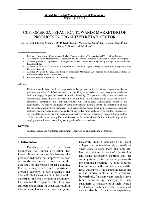 (PDF) Customer Satisfaction Towards Marketing of Products in Organized Retail Sector