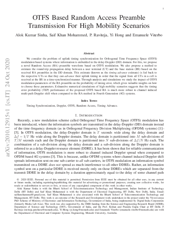 Otfs Based Random Access Preamble Transmission For High Mobility Scenarios