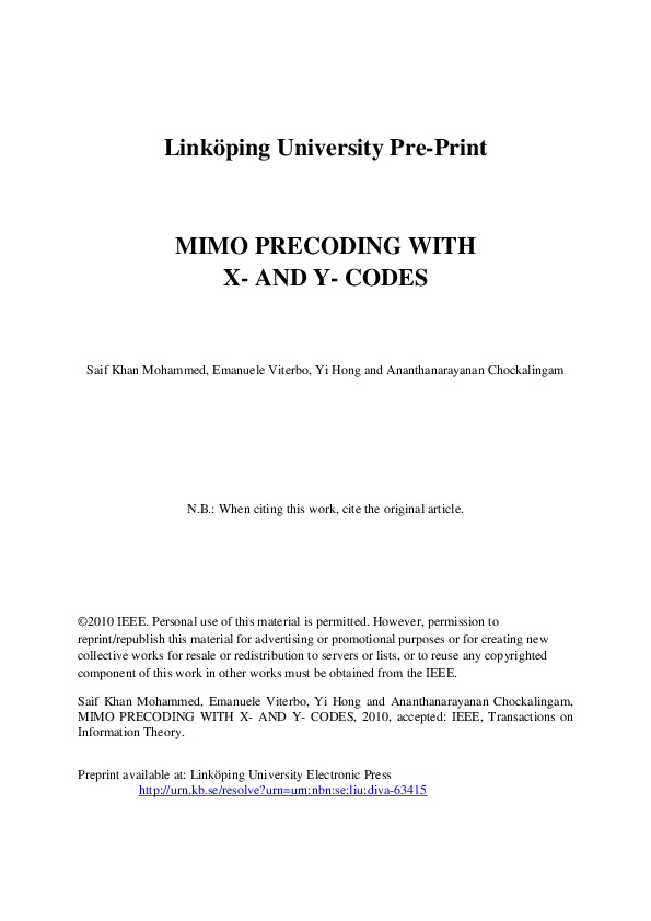 (PDF) MIMO Precoding With X- and Y-Codes