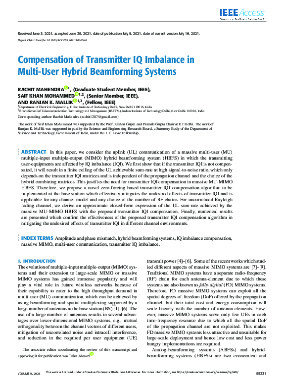 (PDF) Compensation of Transmitter IQ Imbalance in Multi-User Hybrid ...