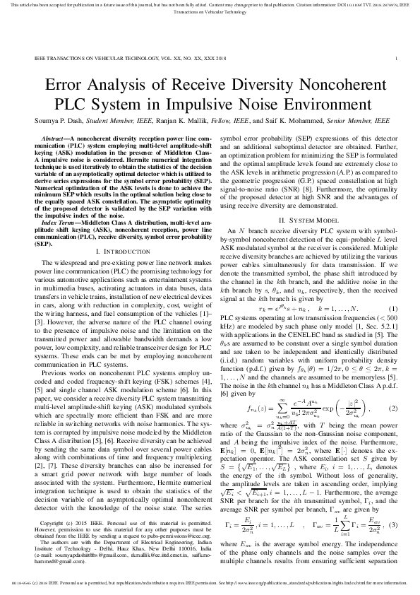 (PDF) Error Analysis of Receive Diversity Noncoherent PLC System in Impulsive Noise Environment