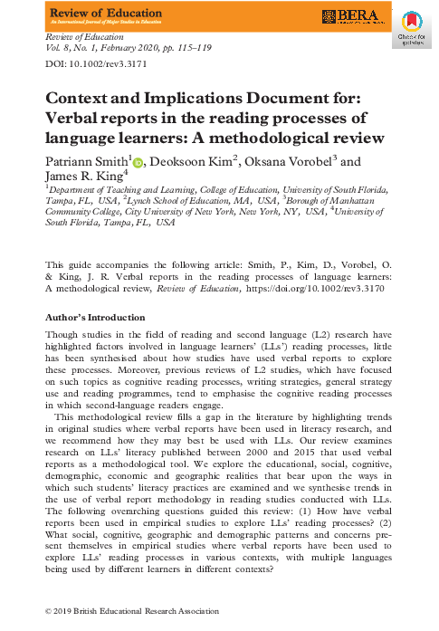 (PDF) Context and Implications Document for: Verbal reports in the reading processes of language ...