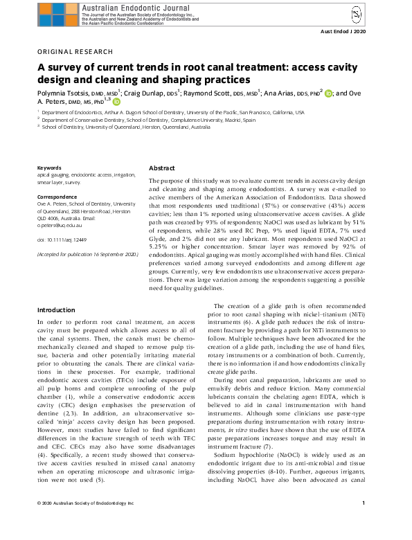 Pdf A Survey Of Current Trends In Root Canal Treatment Access Cavity Design And Cleaning And