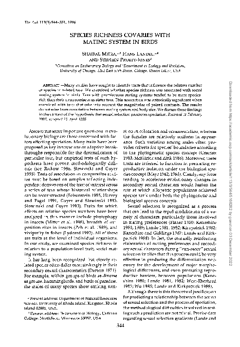 (PDF) Species Richness Covaries with Mating System in Birds