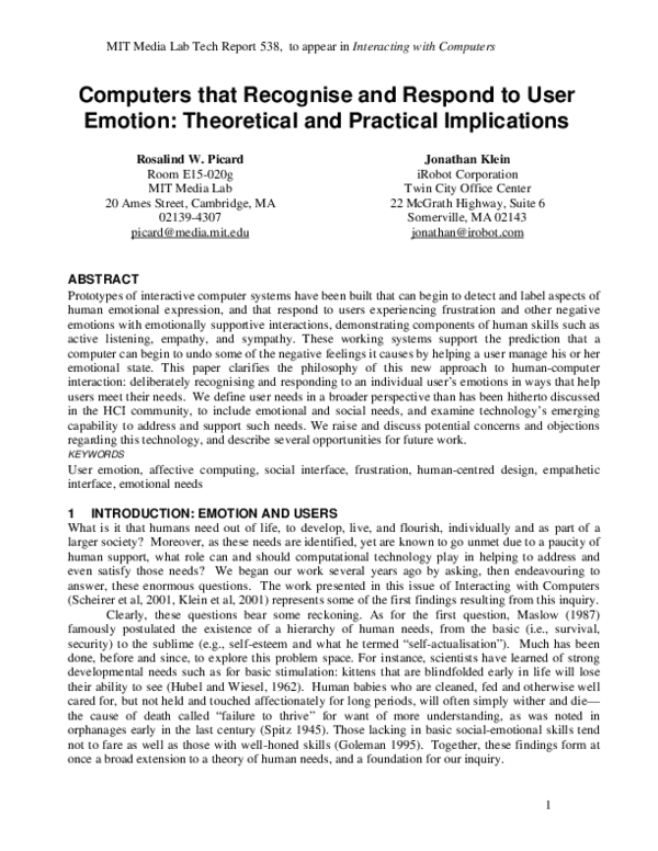 (PDF) Computers that recognise and respond to user emotion: theoretical ...