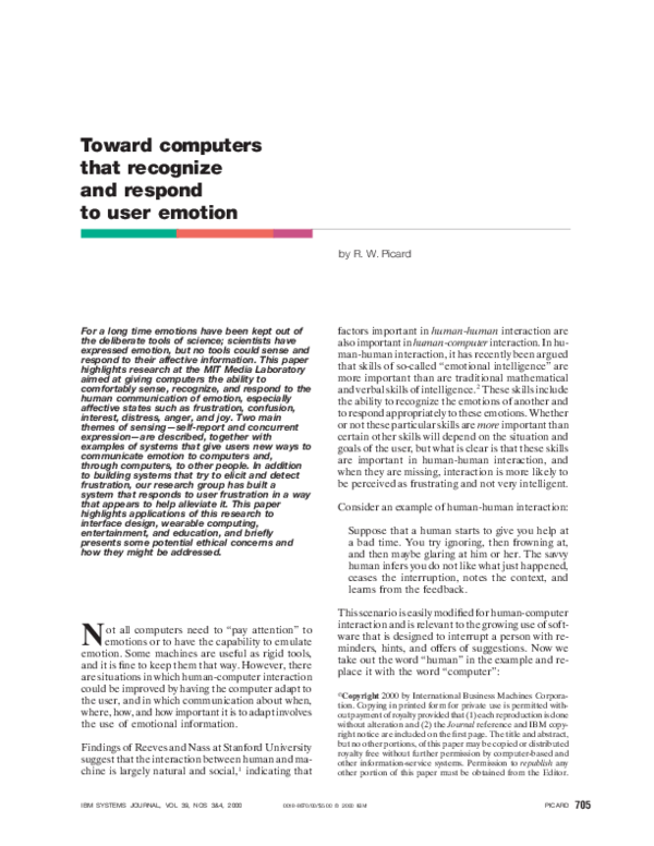 (PDF) Toward computers that recognize and respond to user emotion