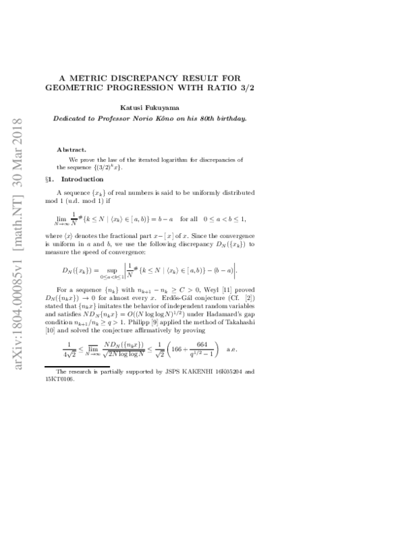 (PDF) A metric discrepancy results for geometric progression with ratio $3/2$