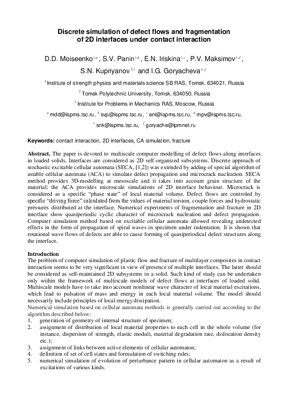(PDF) Discrete simulation of defect flows and fragmentation of 2D interfaces under contact ...