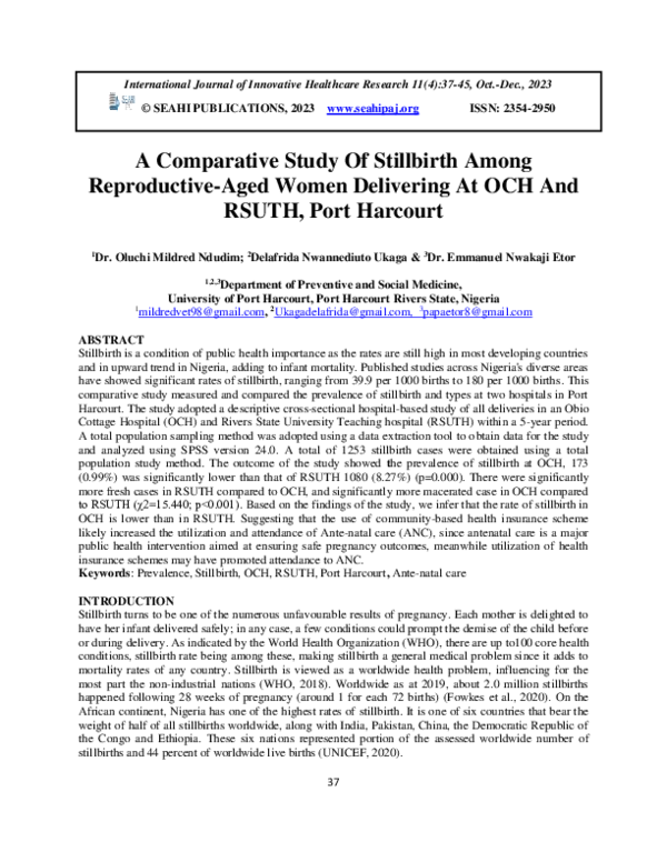 (PDF) A Comparative Study Of Stillbirth Among Reproductive-Aged Women ...