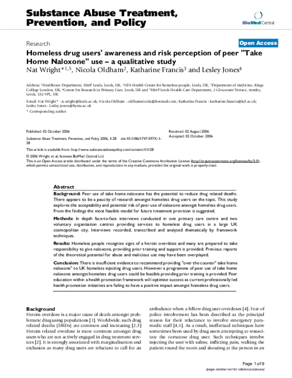 (PDF) Homeless drug users' awareness and risk perception of peer "take ...