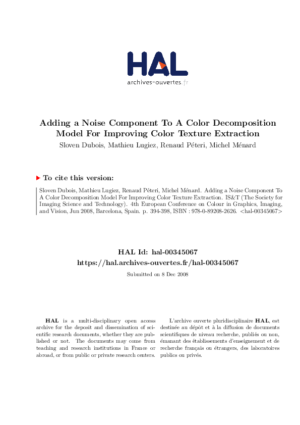 Pdf Adding A Noise Component To A Color Decomposition Model For Improving Color Texture