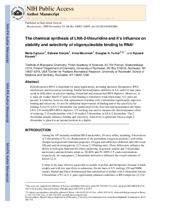 (PDF) Chemical Synthesis of LNA-2-thiouridine and Its Influence on ...