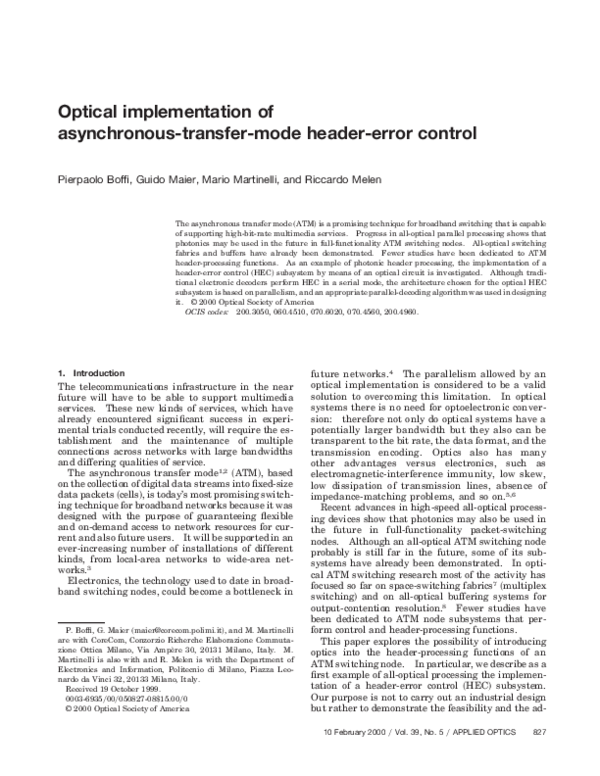 Pdf Optical Implementation Of Asynchronous Transfer Mode Header Error Control Guido Maier