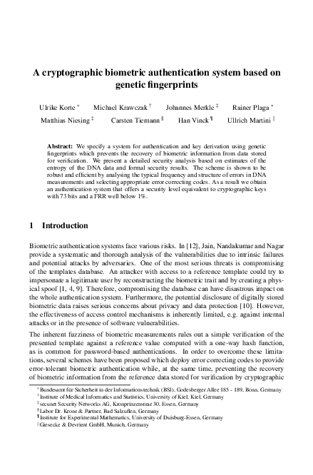(PDF) A cryptographic biometric authentication system based on genetic fingerprints | Johannes ...