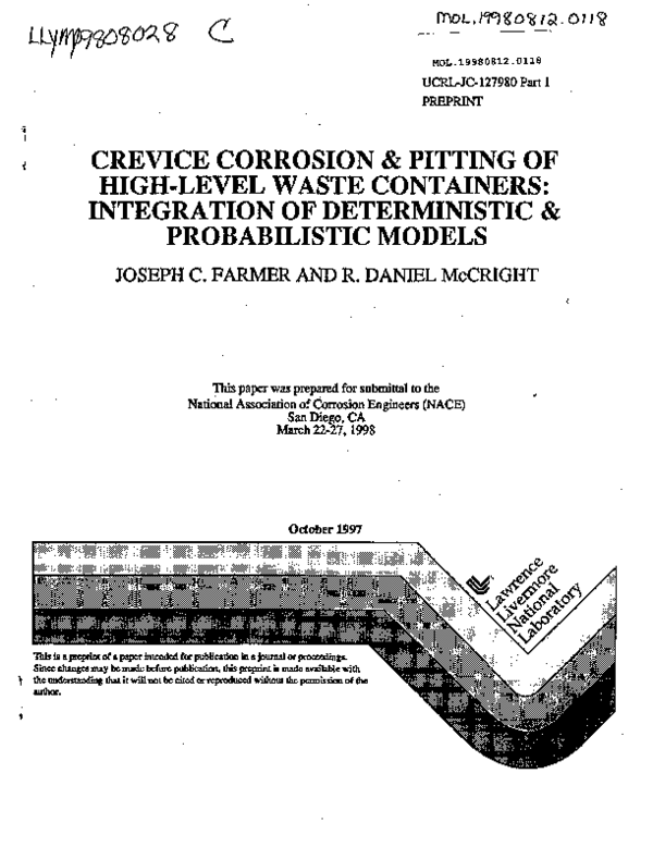 (PDF) Crevice Corrosion Pitting of High-Level Waste Containers ...