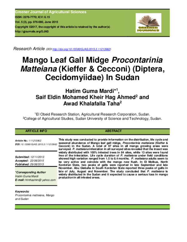 (PDF) Mango Leaf Gall Midge Procontarinia Matteiana (Kieffer & Cecconi ...