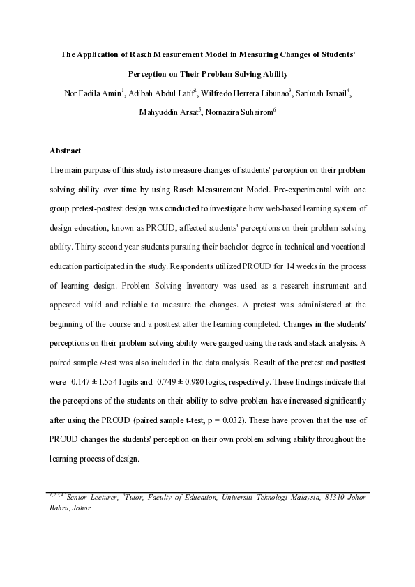 (PDF) The application of rasch measurement model in measuring changes of students' perception on ...