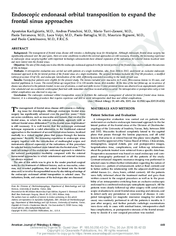 (PDF) Endoscopic Endonasal Orbital Transposition to Expand the Frontal Sinus Approaches