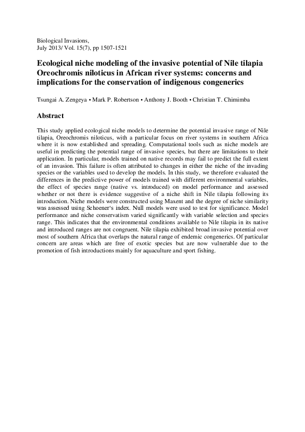 (PDF) Ecological niche modeling of the invasive potential of Nile tilapia Oreochromis niloticus ...