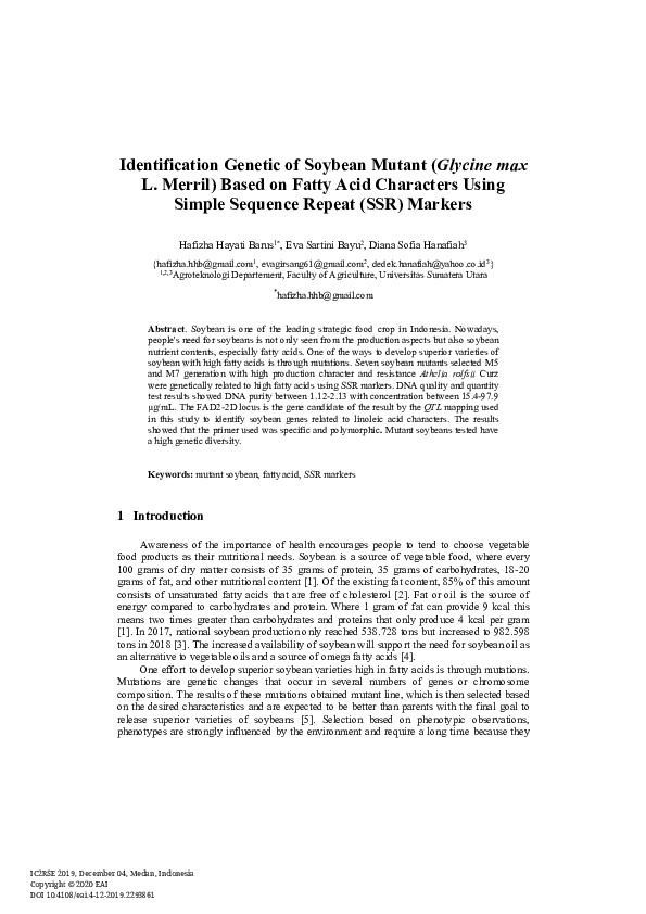 (PDF) Identification Genetic of Soybean Mutant (Glycine max L. Merril) Based on Fatty Acid ...