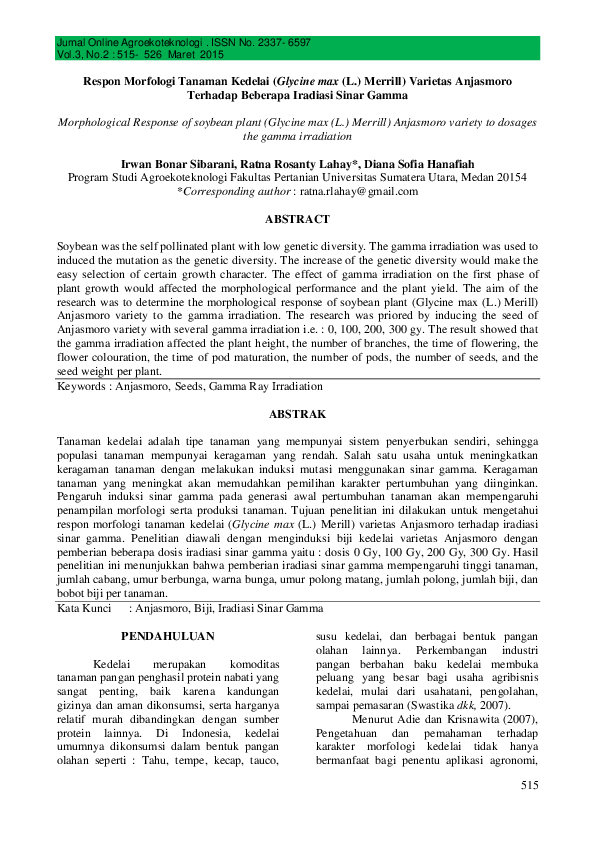 (PDF) Respon Morfologi Tanaman Kedelai (Glycine max (L.) Merrill) Varietas Anjasmoro Terhadap ...