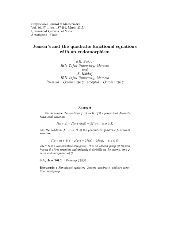 (PDF) Jensen’s and the quadratic functional equations with an endomorphism