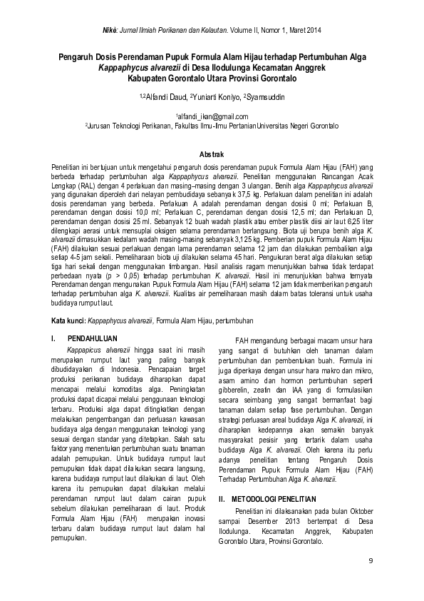 (PDF) Pengaruh Dosis Perendaman Pupuk Formula Alam Hijau (FAH) terhadap Pertumbuhan Alga ...
