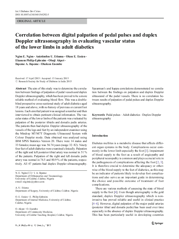 (PDF) Correlation between digital palpation of pedal pulses and duplex ...