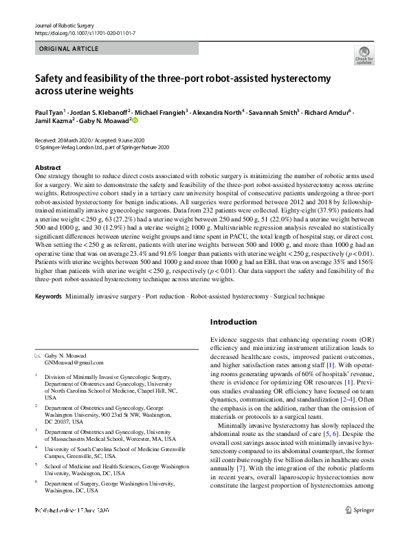 Pdf Safety And Feasibility Of The Three Port Robot Assisted Hysterectomy Across Uterine
