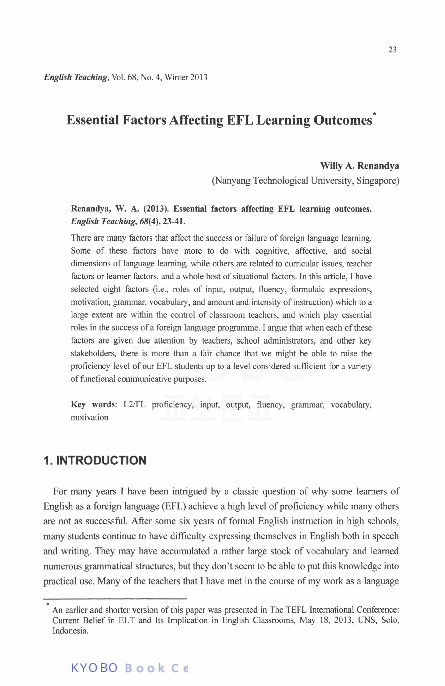 (PDF) Essential Factors Affecting EFL Learning Outcomes