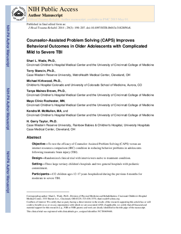 (PDF) Counselor-Assisted Problem Solving (CAPS) Improves Behavioral ...