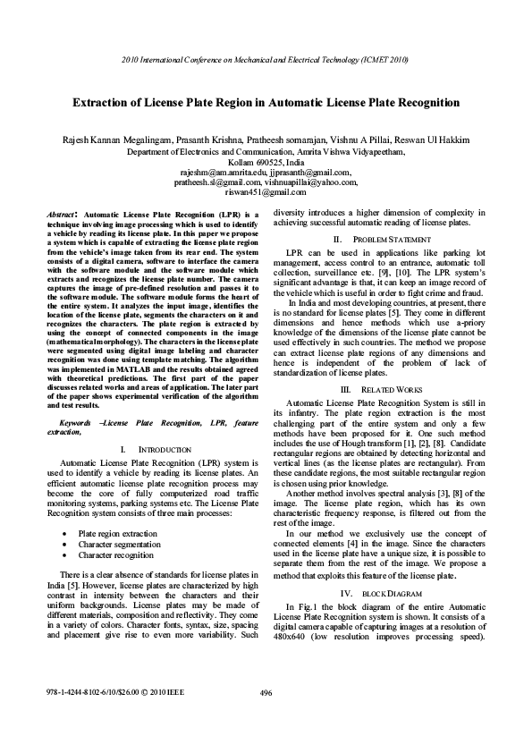 (PDF) Extraction of license plate region in Automatic License Plate ...