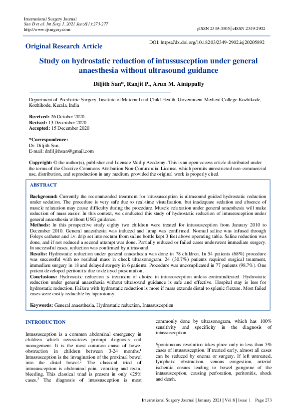 (PDF) Study on hydrostatic reduction of intussusception under general ...