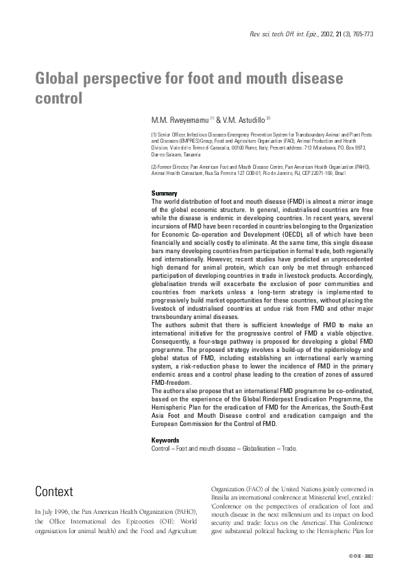 (PDF) Global perspective for foot and mouth disease control