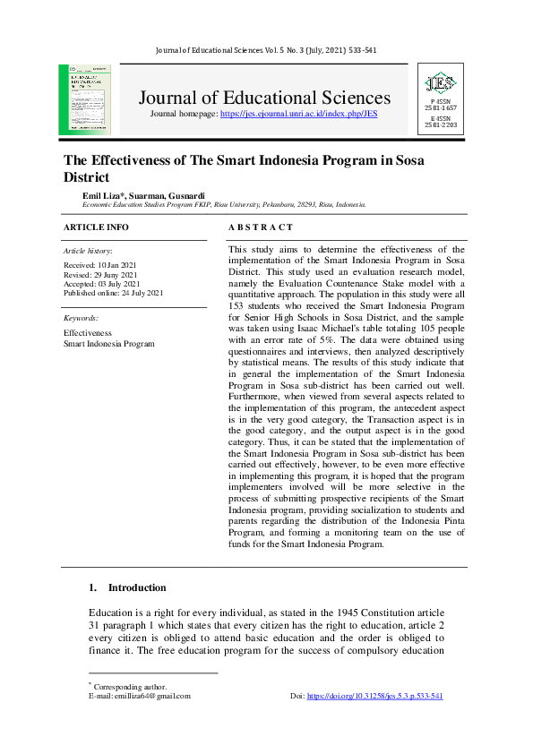 (PDF) The Effectiveness of The Smart Indonesia Program in Sosa District
