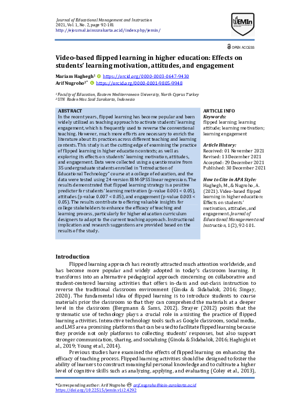 (PDF) Video-based flipped learning in higher education: Effects on students’ learning motivation ...
