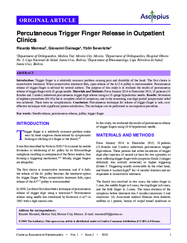 (PDF) Percutaneous Trigger Finger Release in Outpatient Clinics