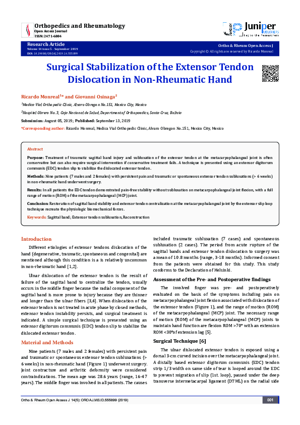 (PDF) Surgical Stabilization of the Extensor Tendon Dislocation in Non ...