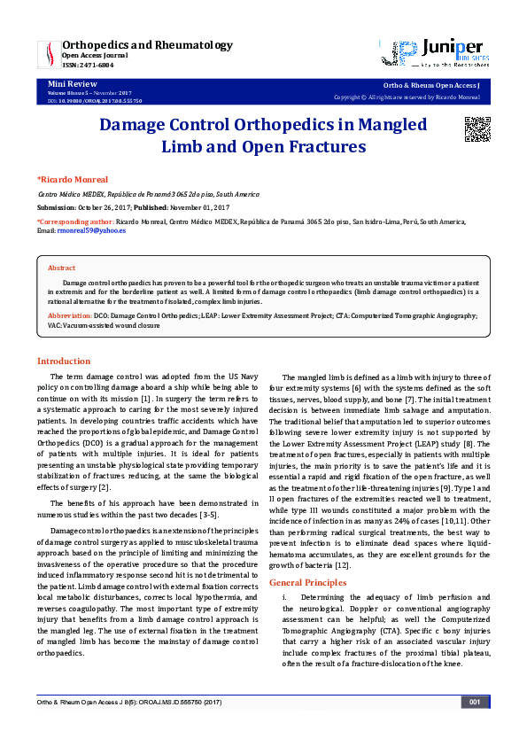 (PDF) Damage Control Orthopedics in Mangled Limb and Open Fractures | Ricardo Monreal - Academia.edu
