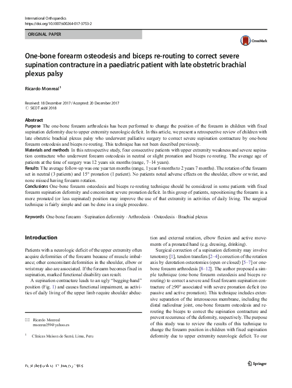 (PDF) One-bone forearm osteodesis and biceps re-routing to correct ...