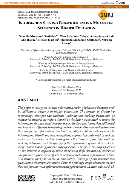 (PDF) Information Seeking Behaviour among Millennial Students in Higher ...