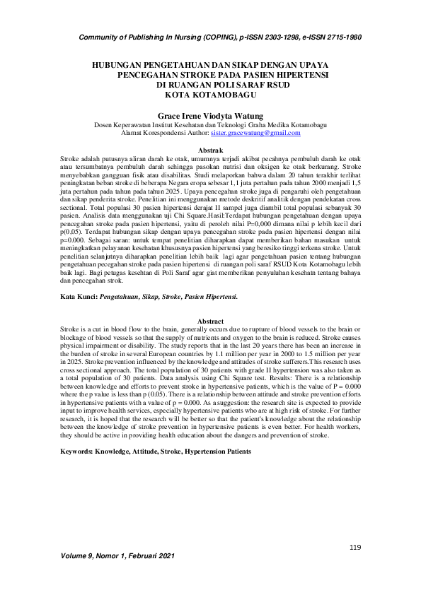 (PDF) Hubungan Pengetahuan Dan Sikap Dengan Upaya Pencegahan Stroke Pada Pasien Hipertensi DI ...