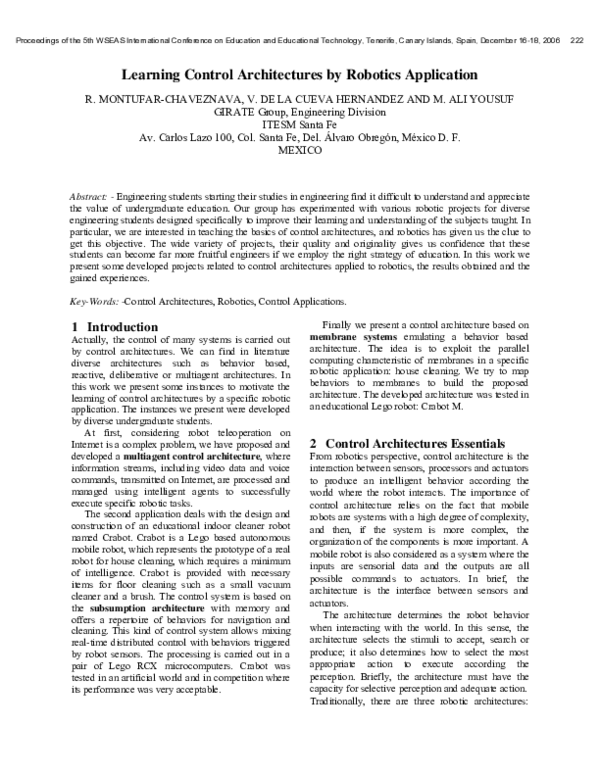 (PDF) Learning Control Architectures by Robotics Application
