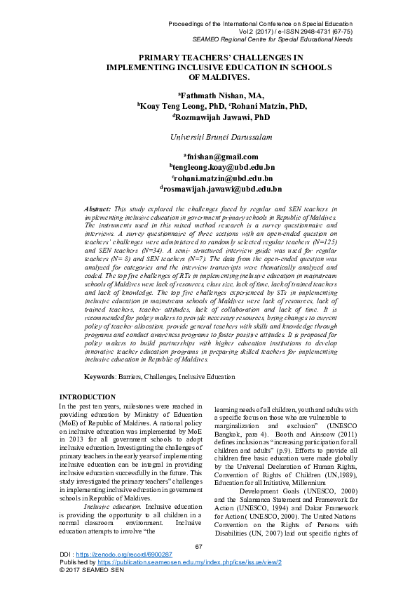 (PDF) Primary Teachers' Challenges in Implementing Inclusive Education in Schools of Maldives
