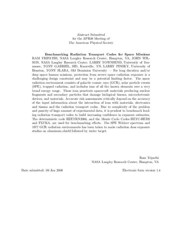 (PDF) Benchmarking Radiation Transport Codes for Space Missions ...